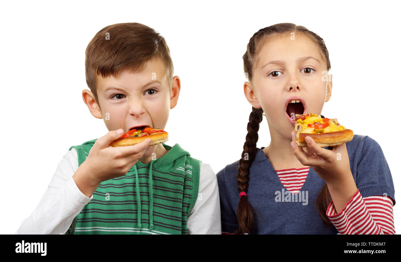 Children eating pizza isolated on white Stock Photo - Alamy
