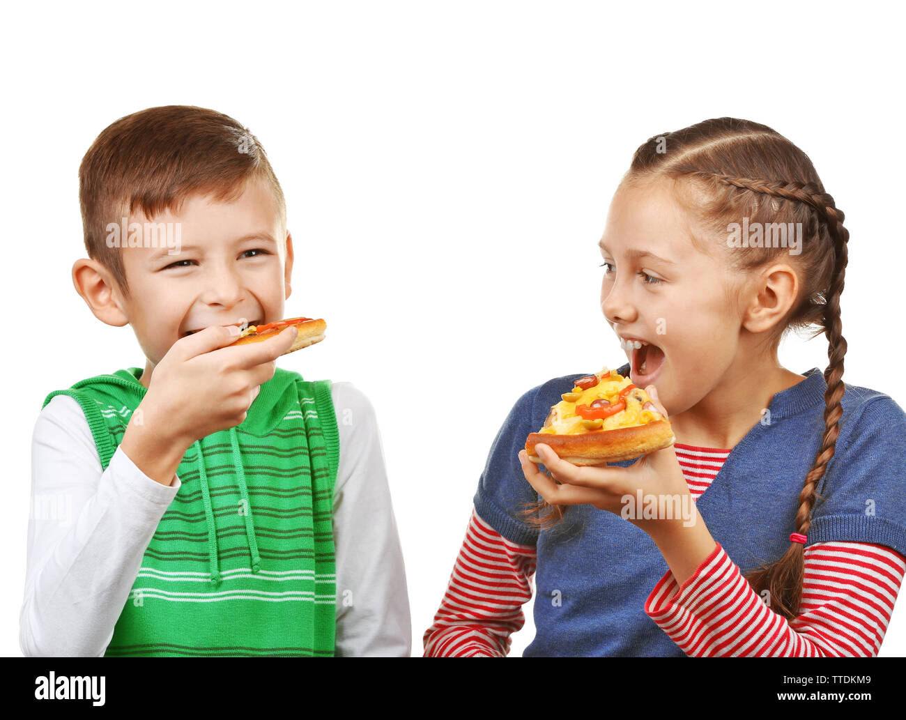 Children eating pizza isolated on white Stock Photo - Alamy