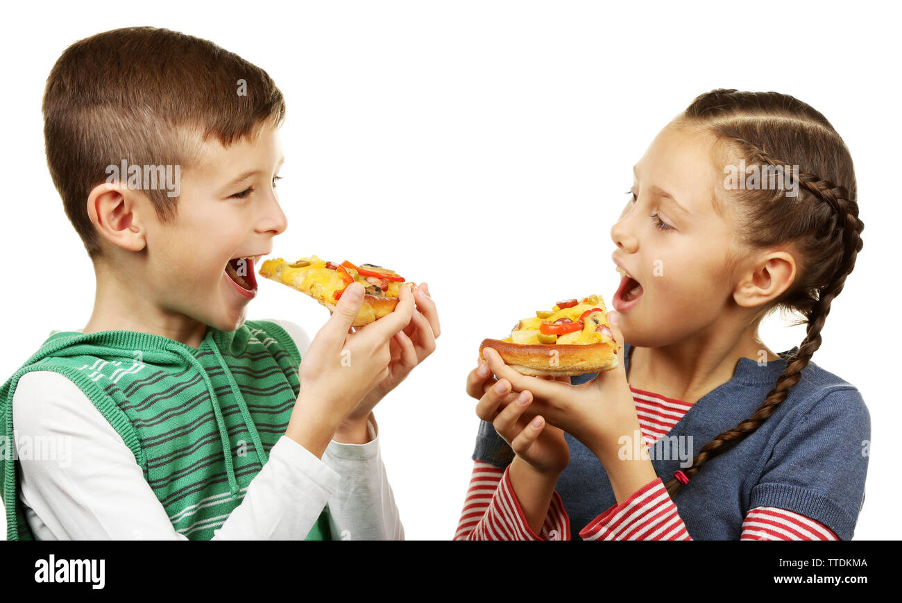 Children eating pizza isolated on white Stock Photo - Alamy