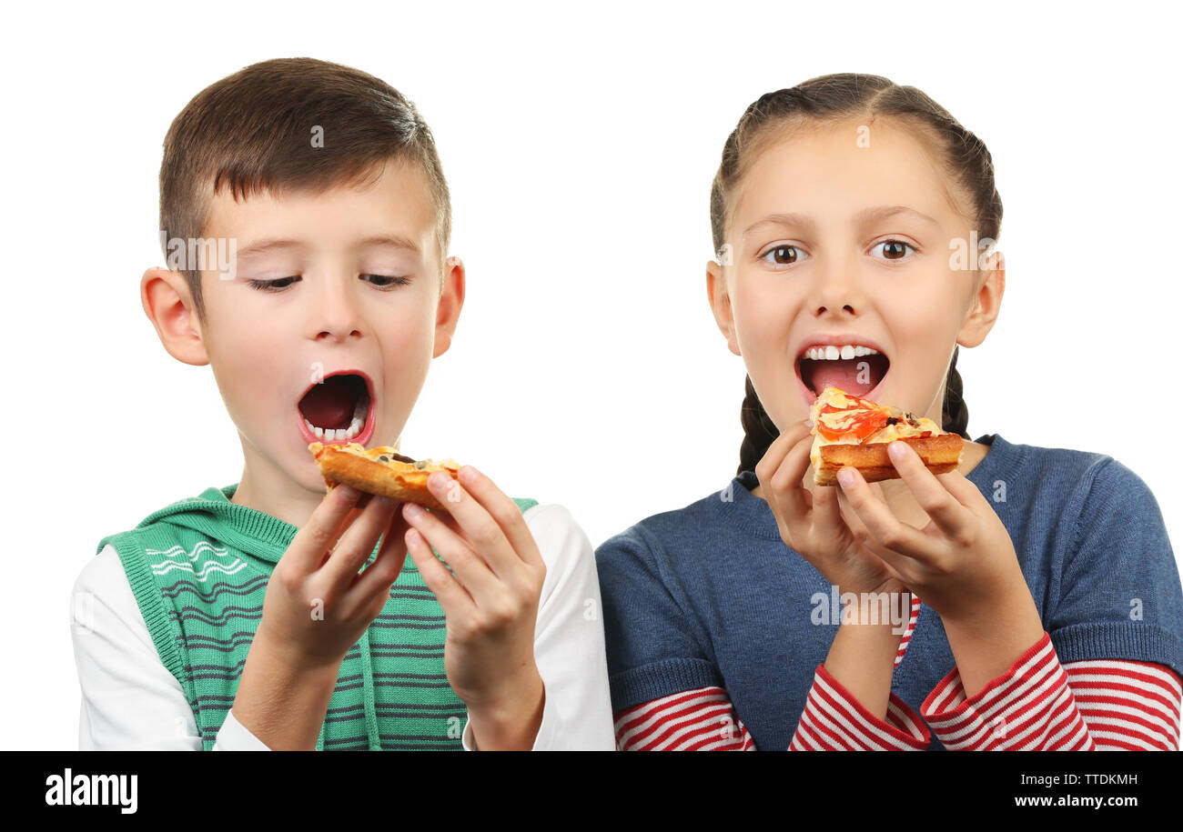 Children eating pizza isolated on white Stock Photo - Alamy