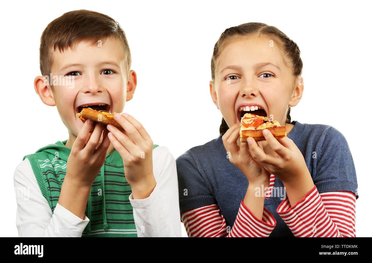 Children eating pizza isolated on white Stock Photo - Alamy