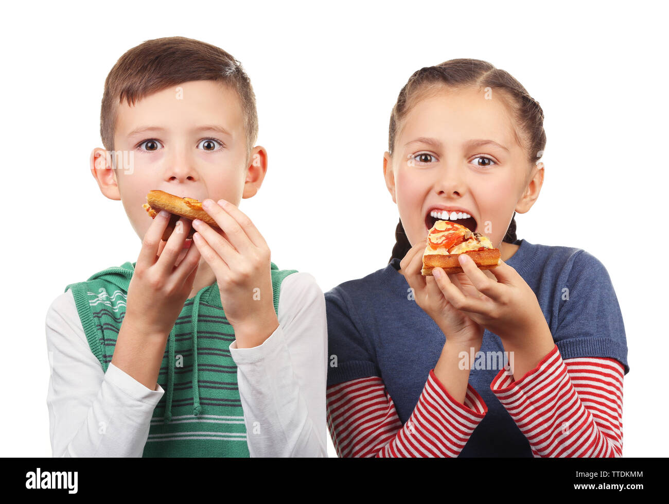 Children eating pizza isolated on white Stock Photo - Alamy