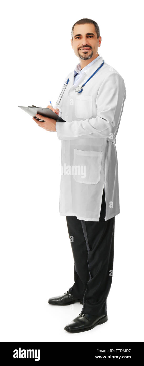 Portrait of a doctor with prescription board in hands isolated on white ...