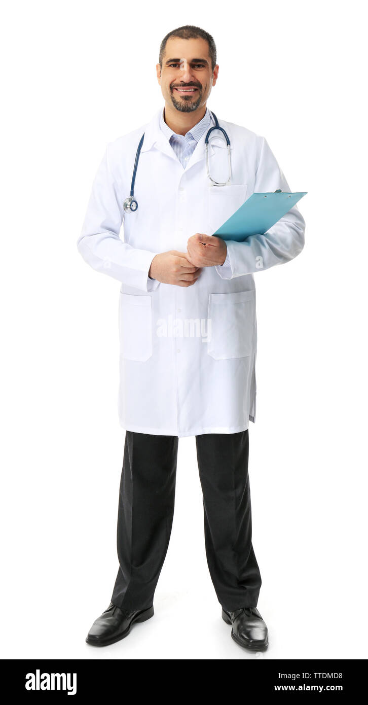 Portrait of a doctor with prescription board in hands isolated on white ...