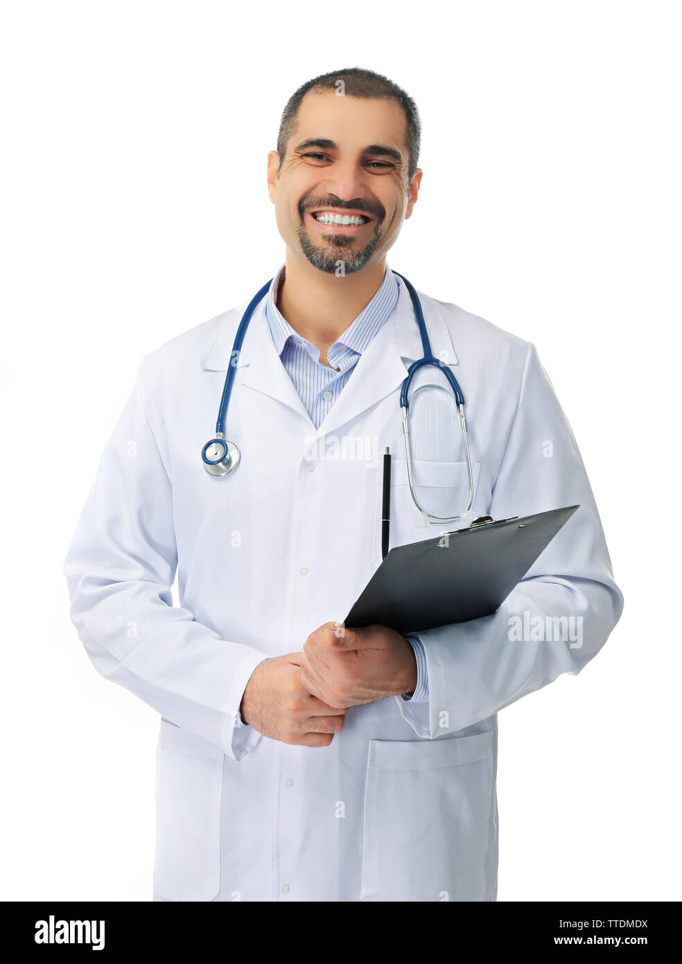 Portrait of a doctor with prescription board in hands isolated on white ...