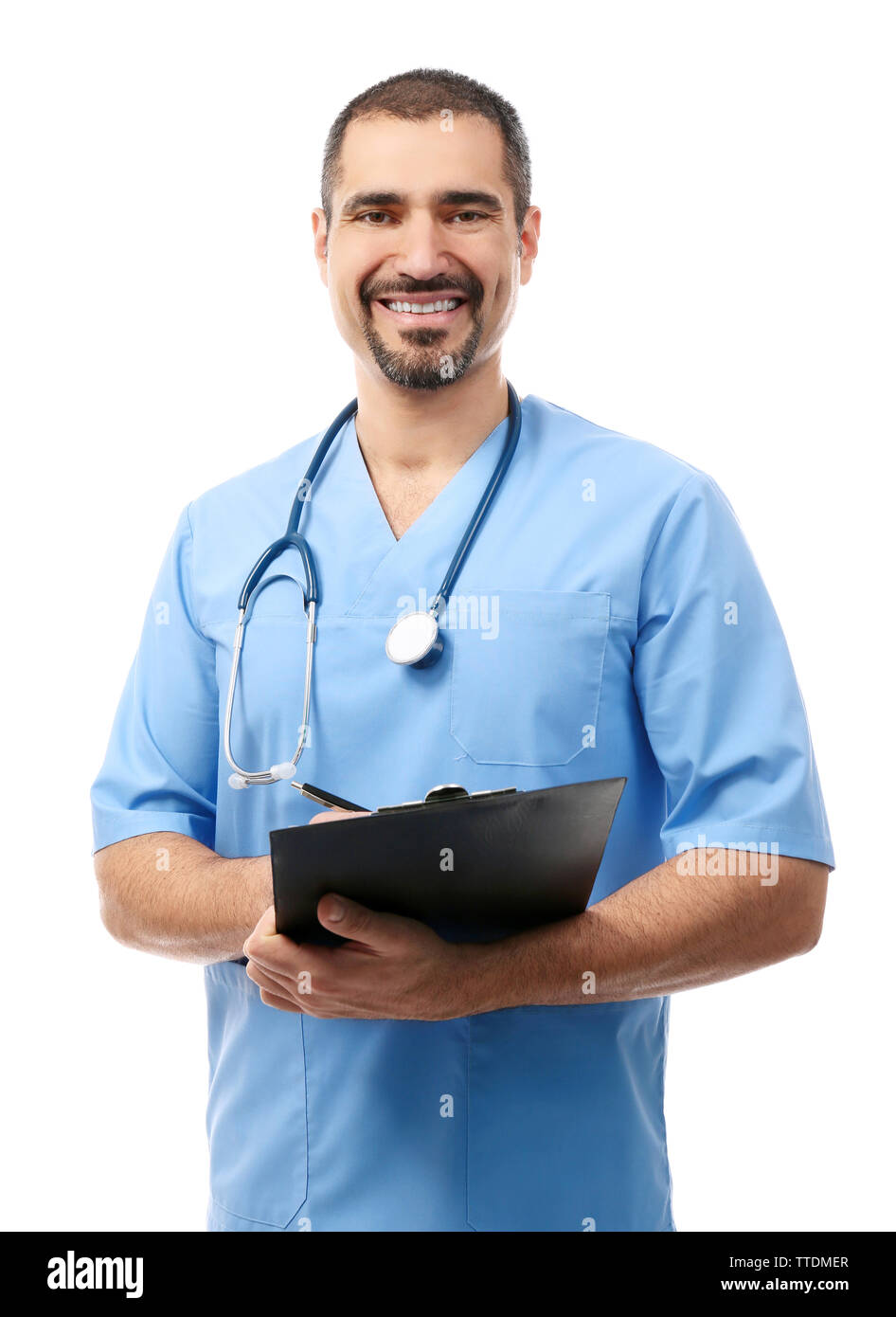 Portrait of a doctor with prescription board in hands isolated on white ...