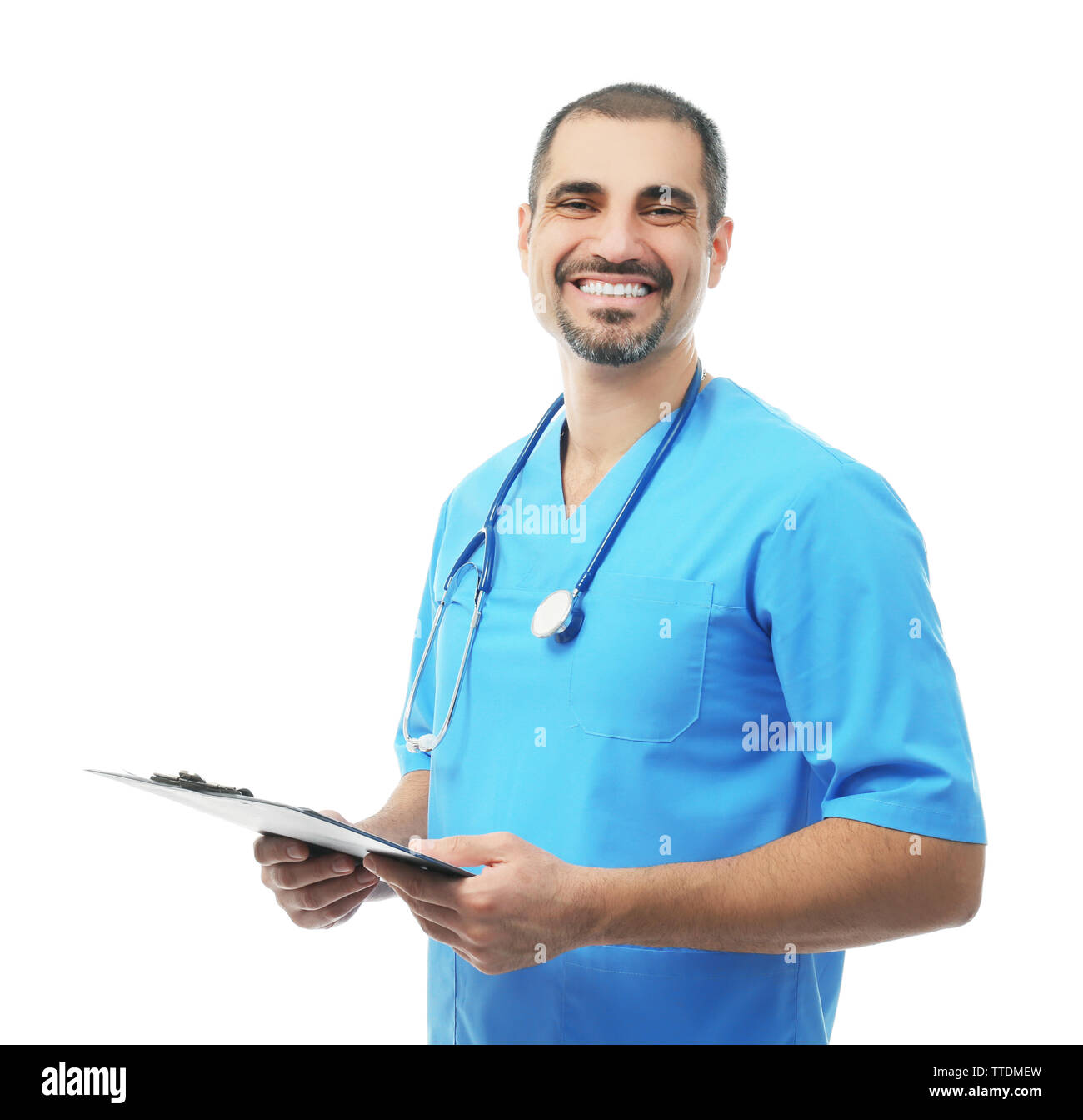 Portrait of a doctor with prescription board in hands isolated on white ...