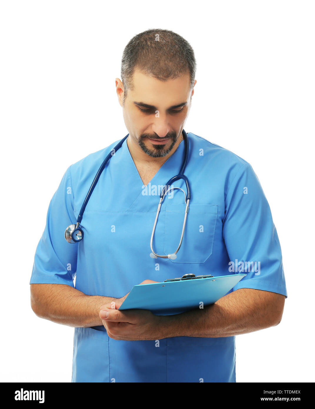 Portrait of a doctor with prescription board in hands isolated on white ...