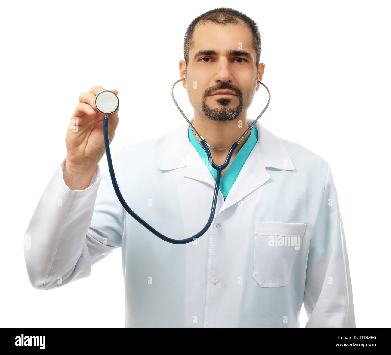 Portrait of a doctor with stethoscope isolated on white background ...
