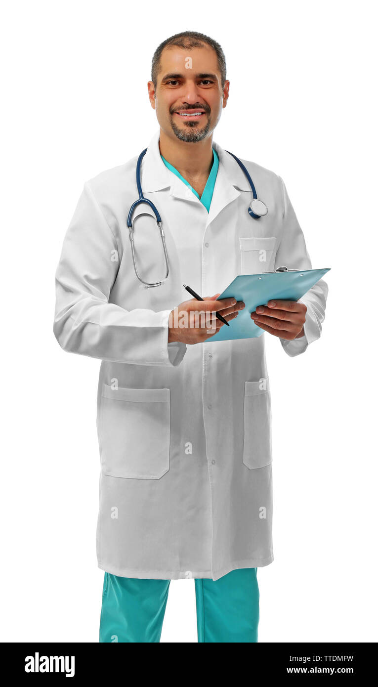Portrait of a doctor with prescription board in hands isolated on white ...