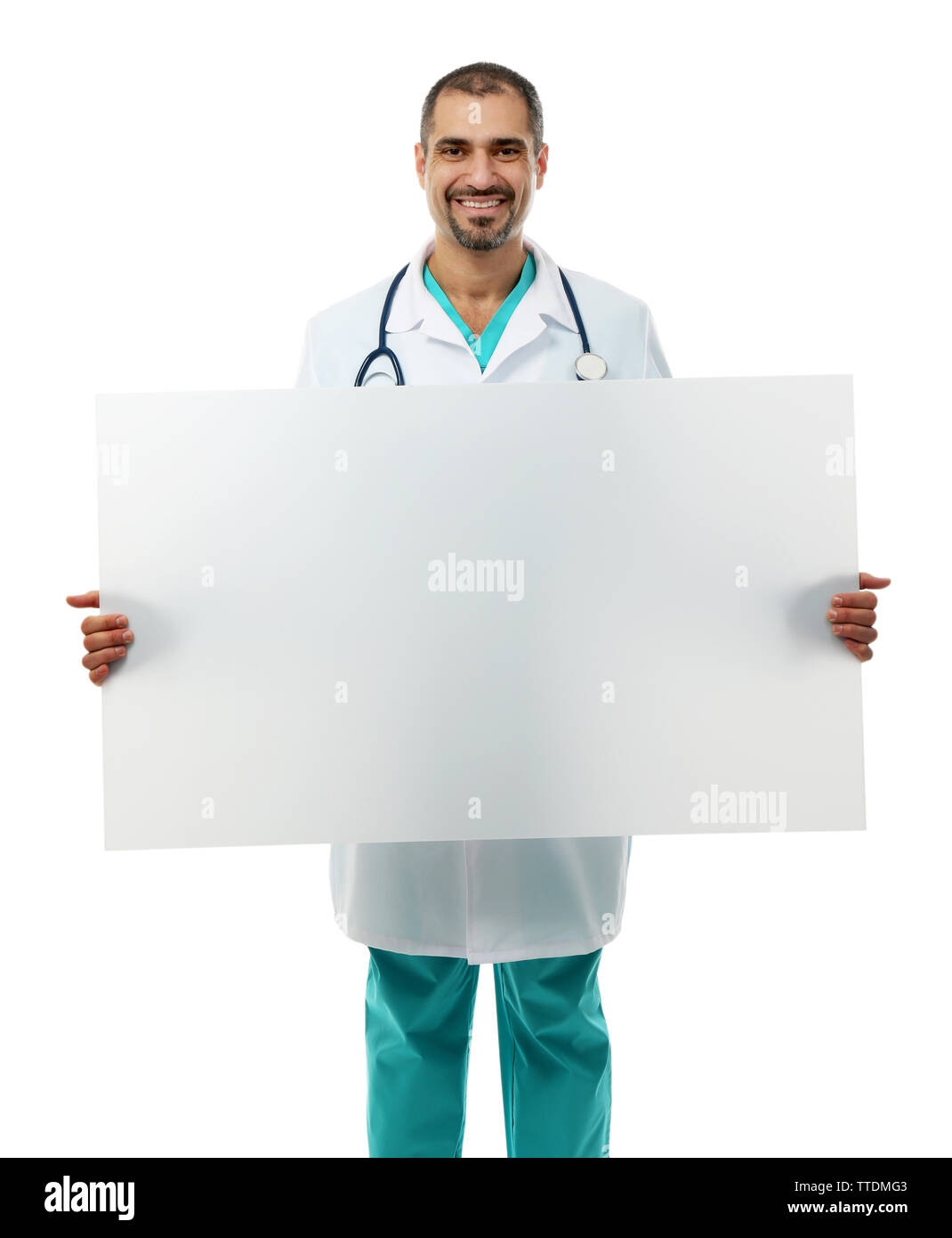 Doctor holds big white board in hands isolated on white background ...