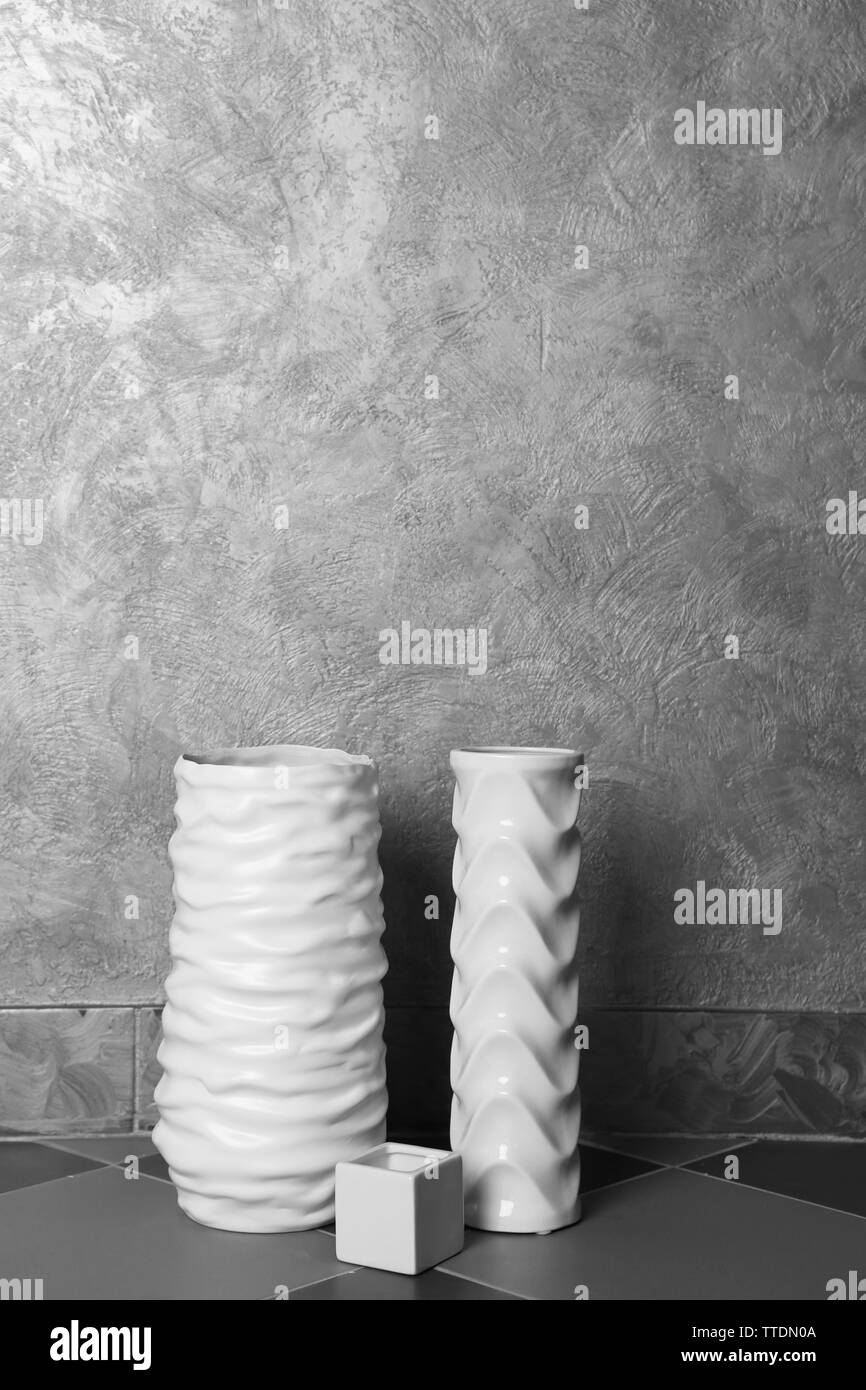 Home decor on grey wall background Stock Photo - Alamy
