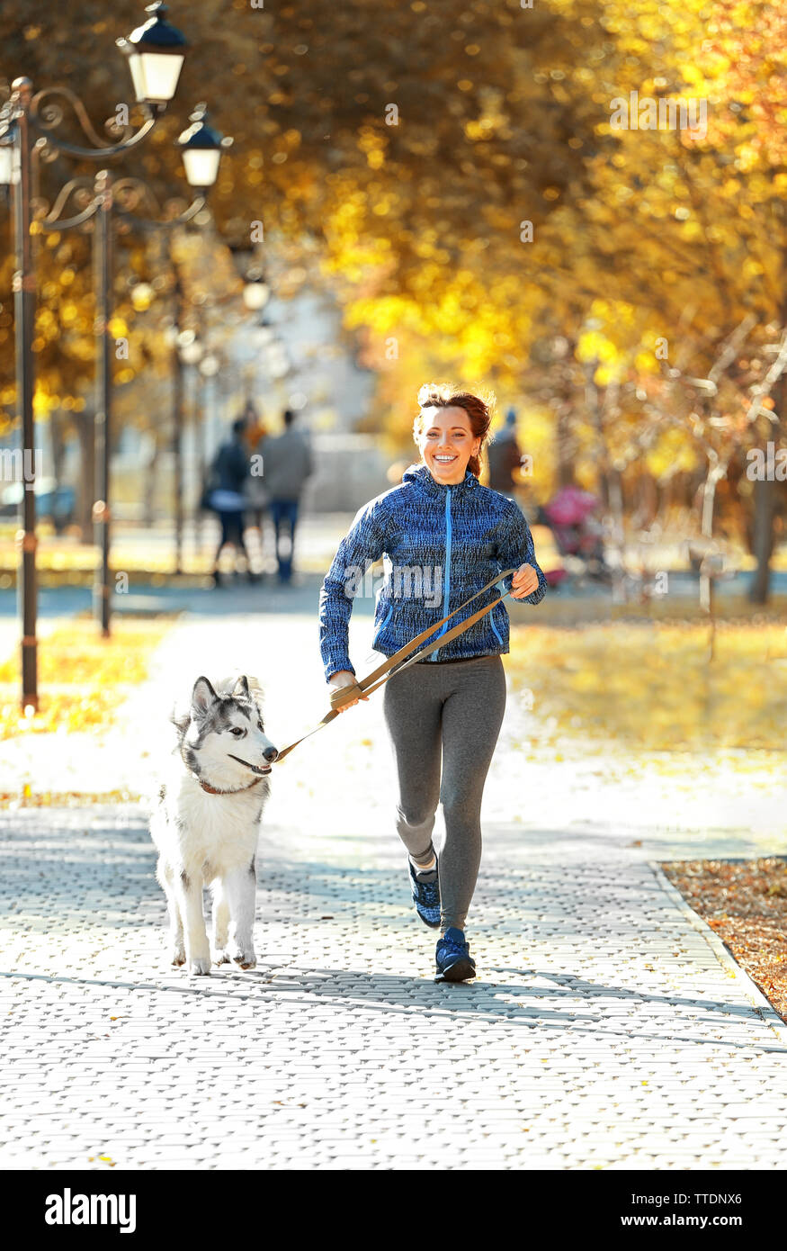 Happy young woman jogging with her dog in park Stock Photo - Alamy