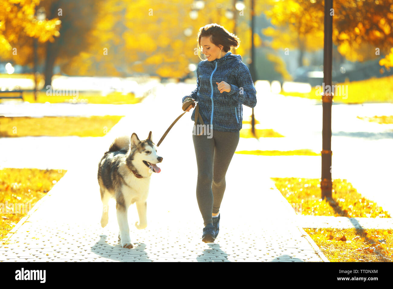 Happy young woman jogging with her dog in park Stock Photo - Alamy