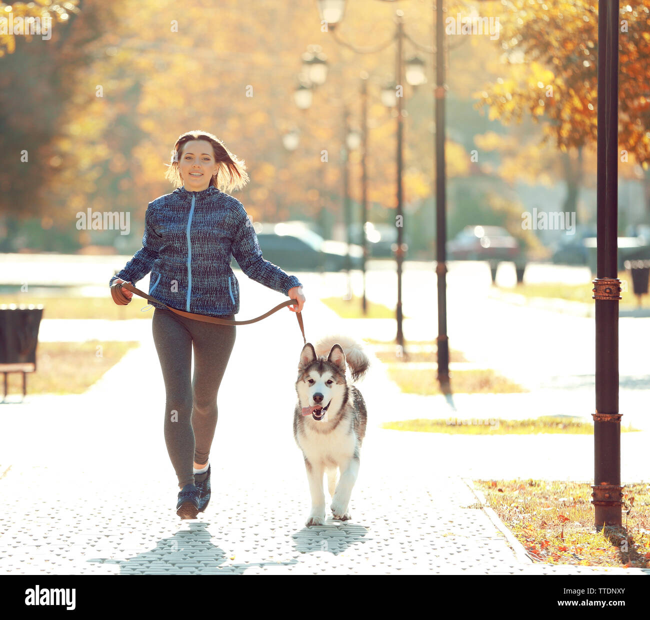 Happy young woman jogging with her dog in park Stock Photo - Alamy