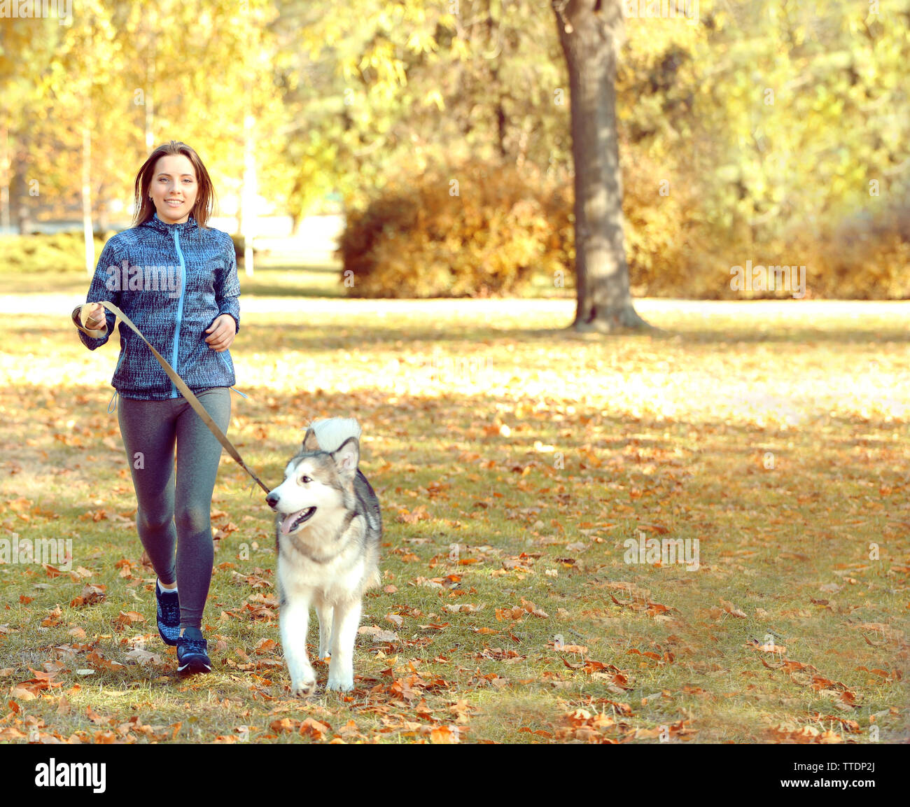 Happy young woman jogging with her dog in park Stock Photo - Alamy
