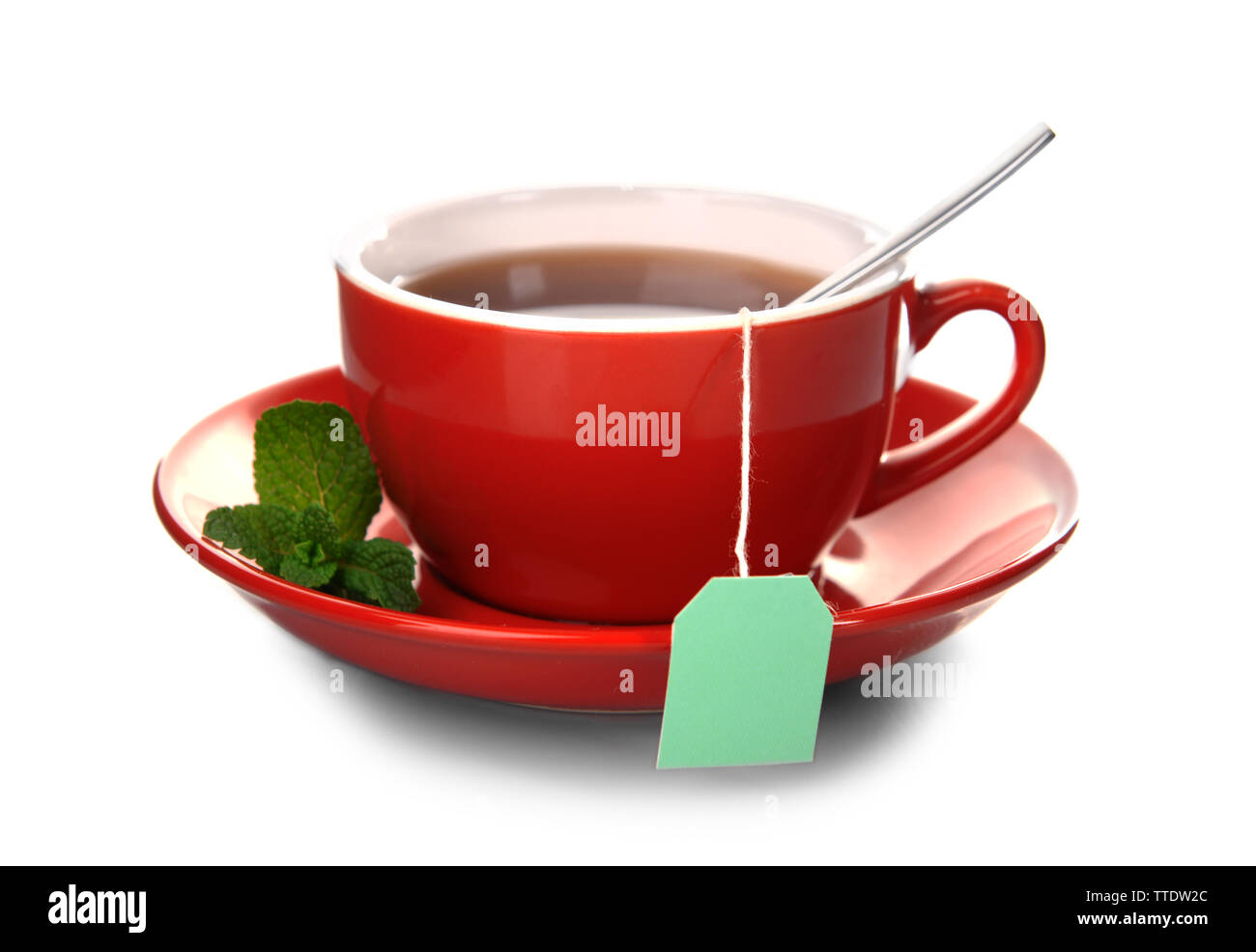 Red cup of tea with mint leaves isolated on white background Stock ...