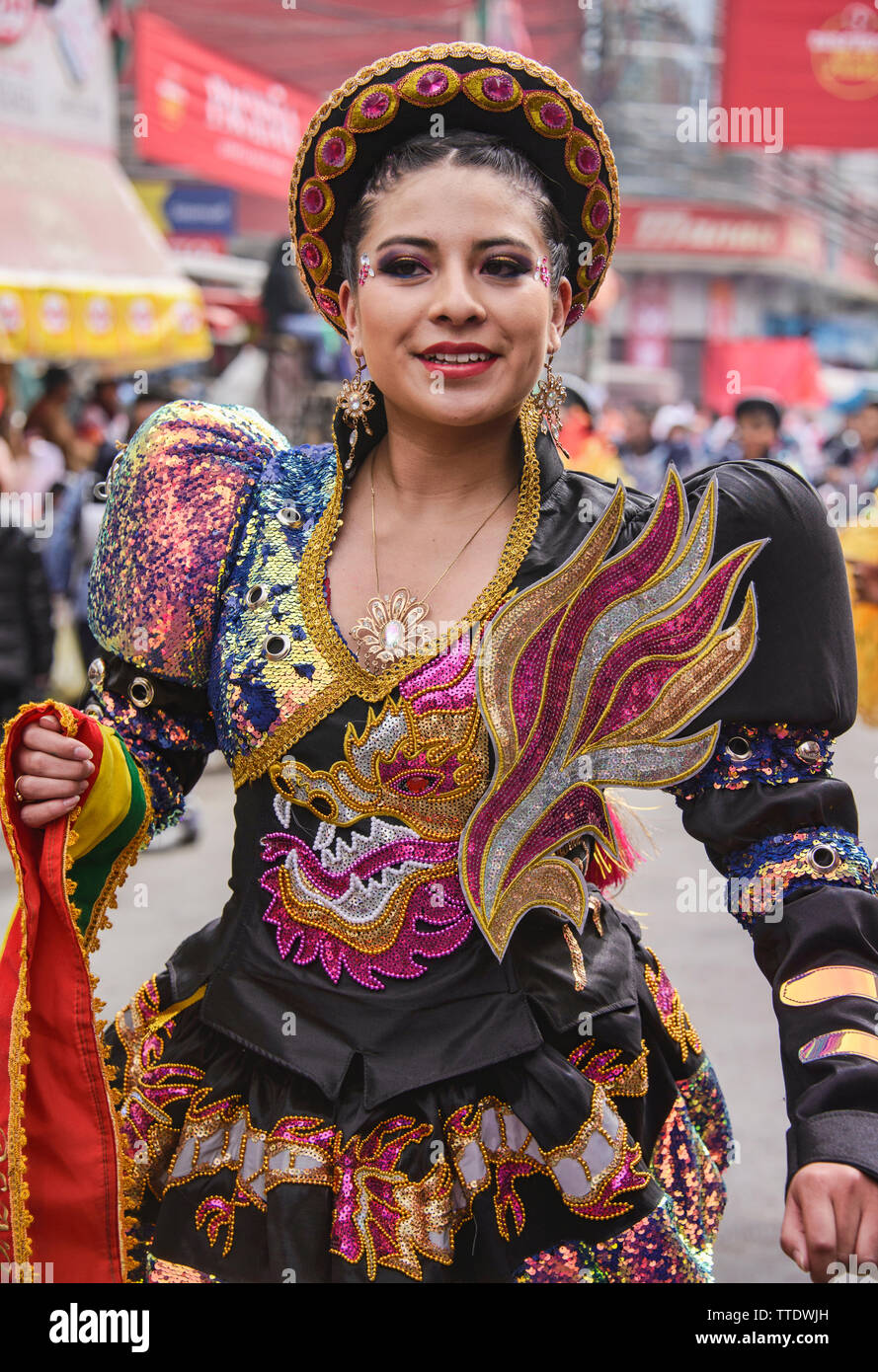Costumed dancer at the colorful Gran Poder Festival, La Paz, Bolivia ...