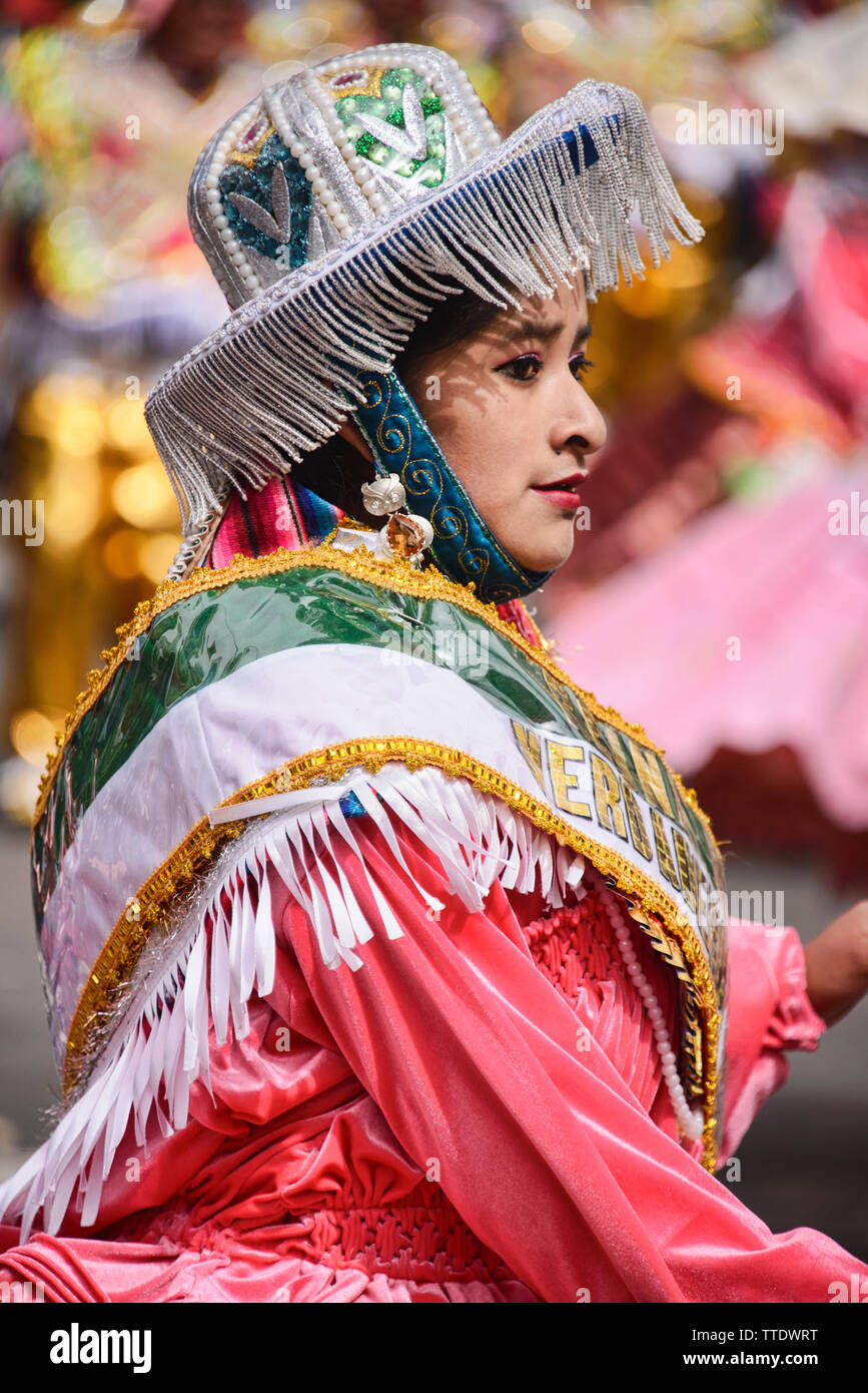 Costumed dancer at the colorful Gran Poder Festival, La Paz, Bolivia ...