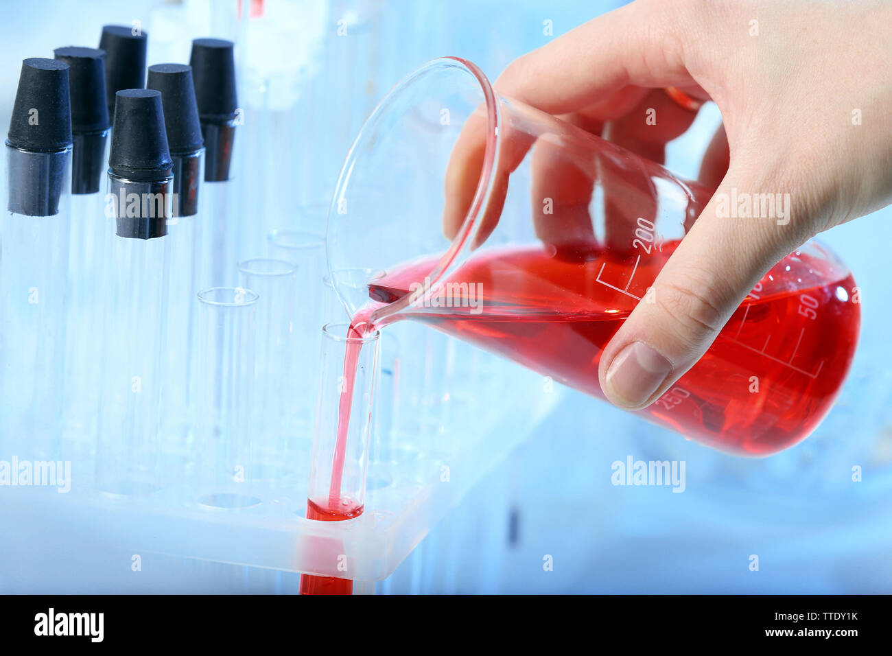 Man in laboratory checking test tubes Stock Photo - Alamy