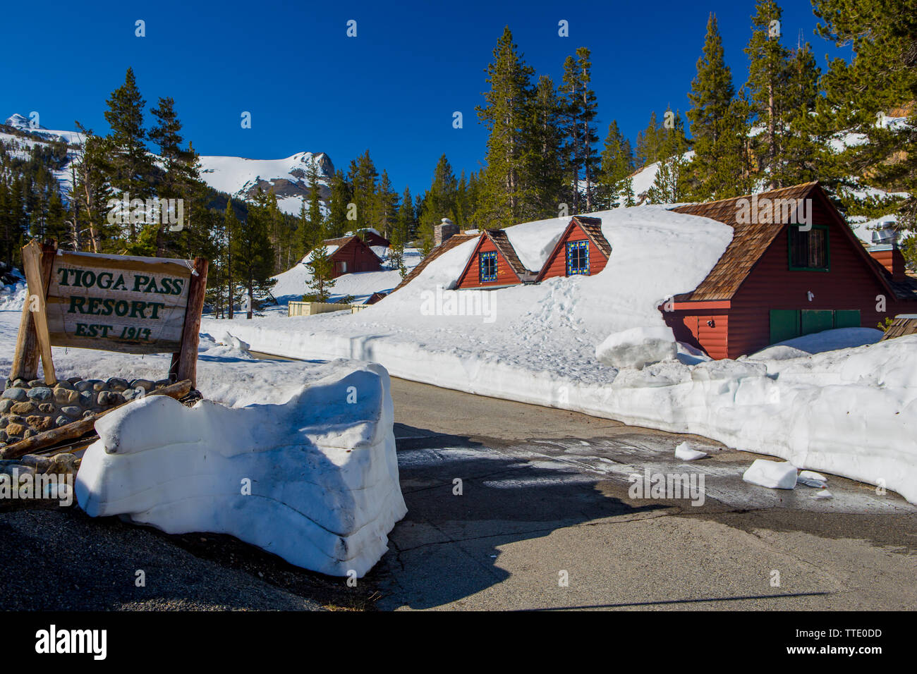 Wood cabins at The Tioga Pass resort in the Sierra Nevada mountains on ...