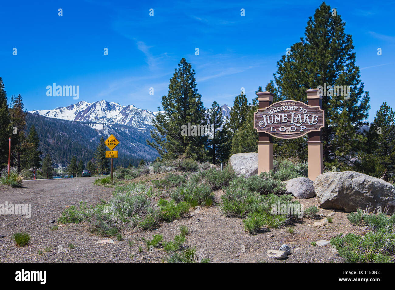 June lake loop sign on the mountain road highway 158 above June Lake in ...