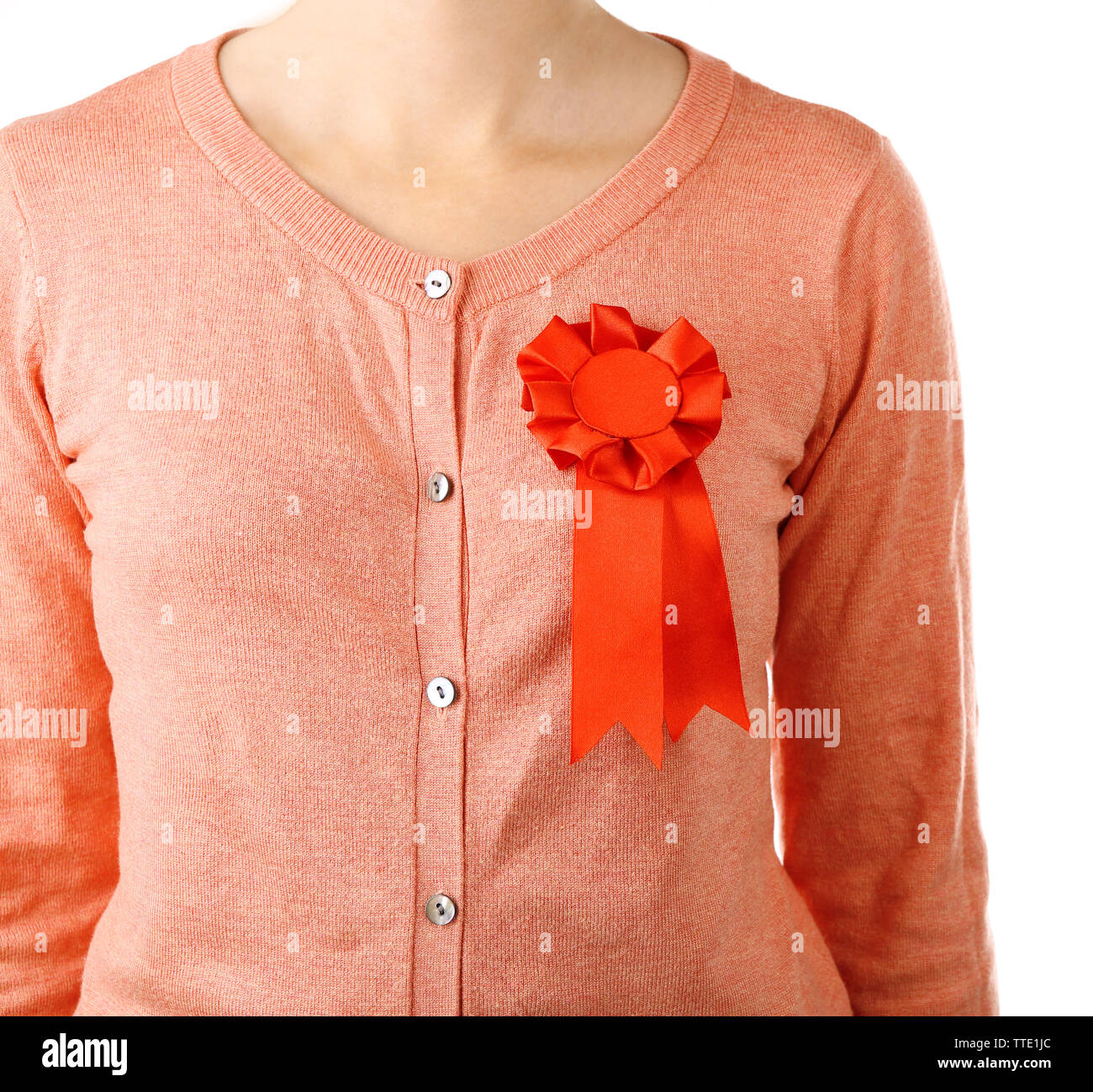 Woman with award ribbon, close-up, isolated on white Stock Photo - Alamy