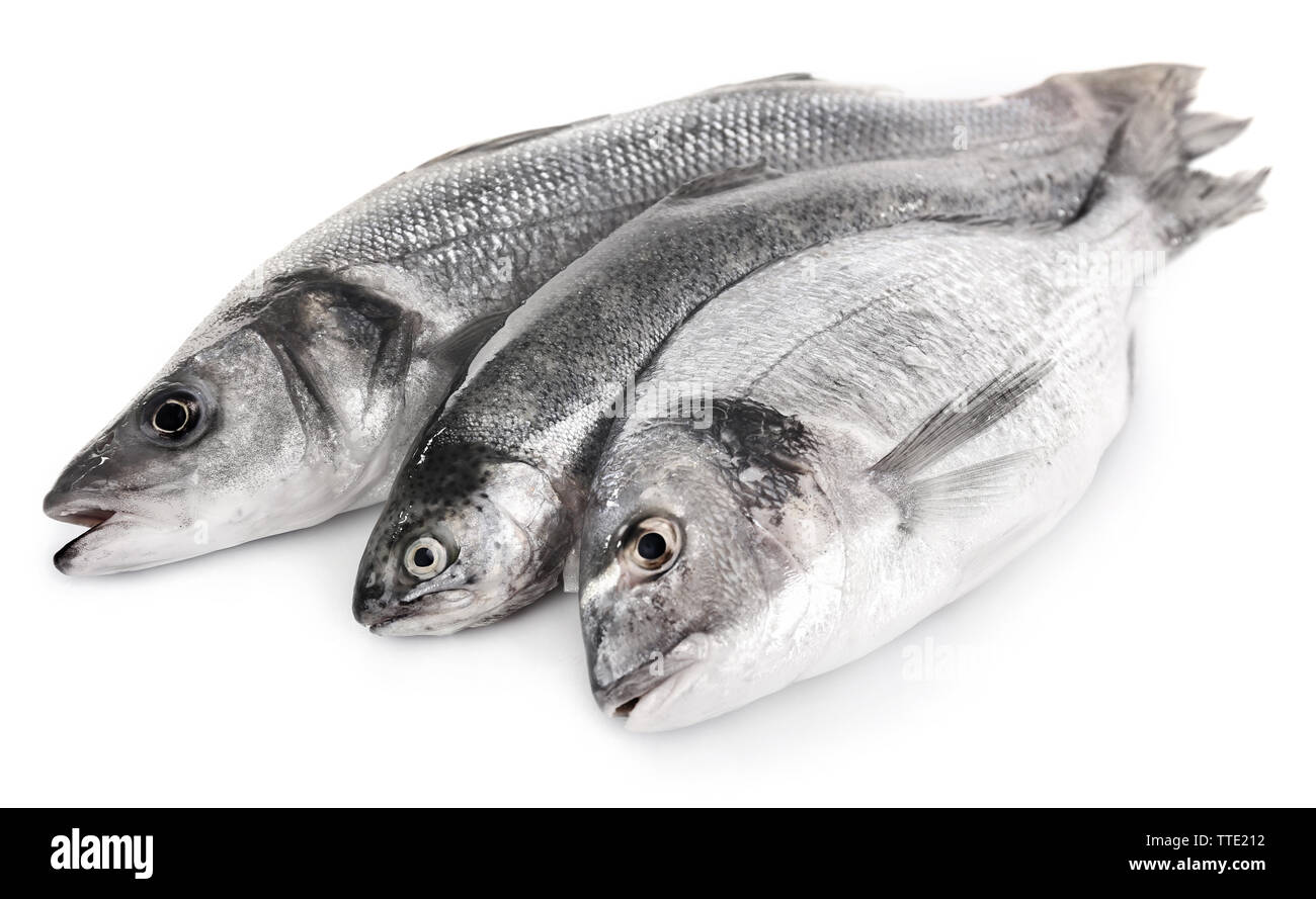 Fresh fish in a row isolated on white background Stock Photo - Alamy