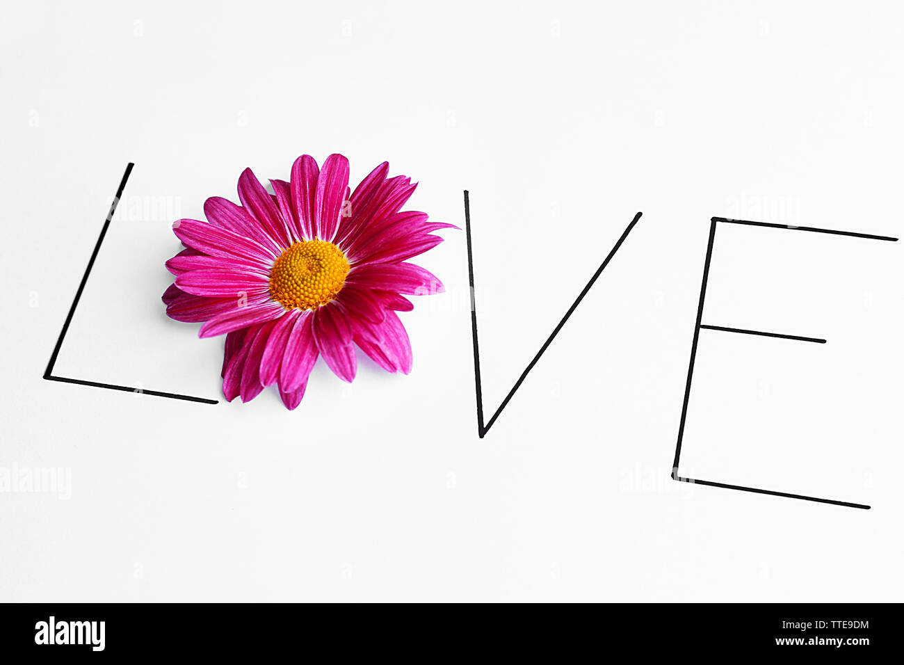 Inscription love with pink flower on white background Stock Photo - Alamy