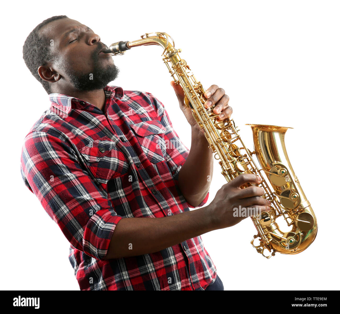 African American jazz musician playing the saxophone, isolated on white ...