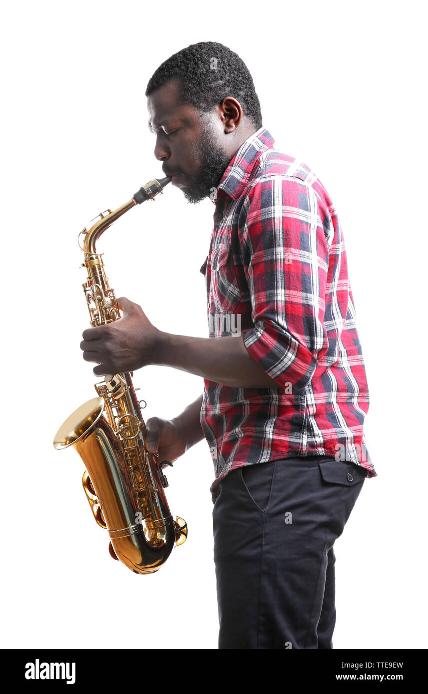African American jazz musician playing the saxophone, isolated on white ...