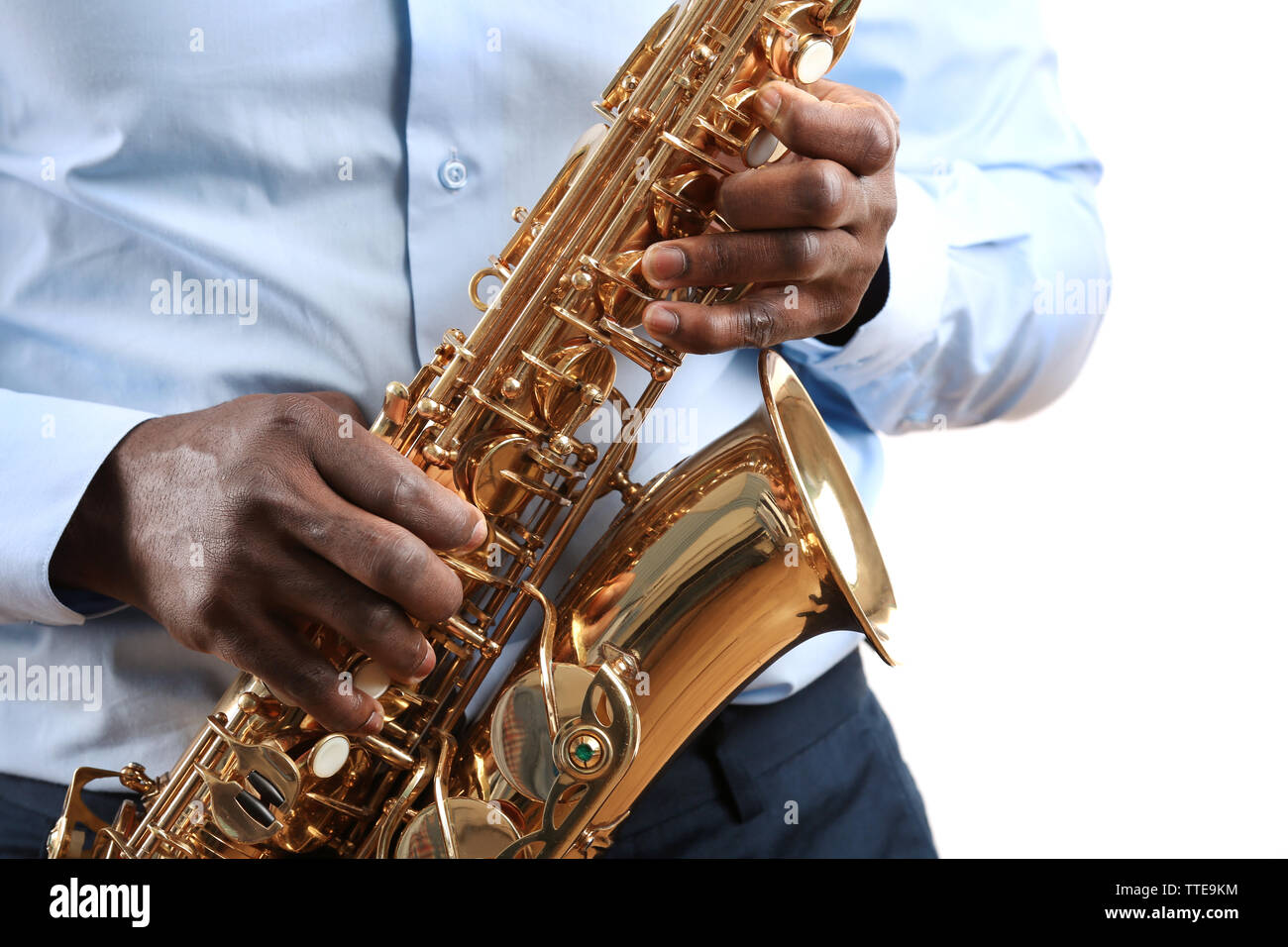 African American jazz musician playing the saxophone, closeup Stock ...