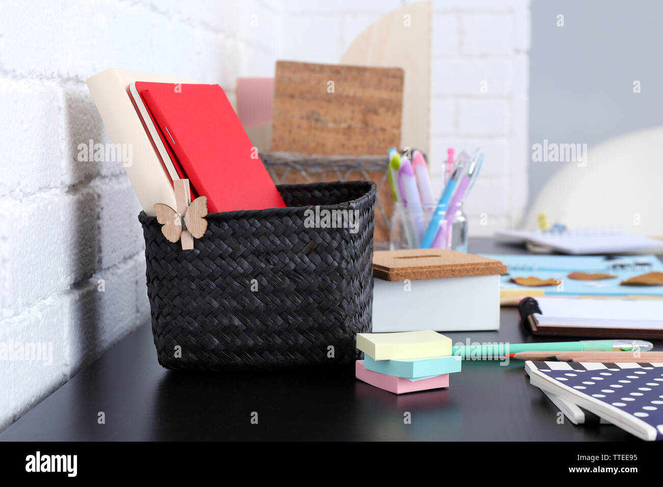 Office and school set with stationery and notebooks on a table Stock ...