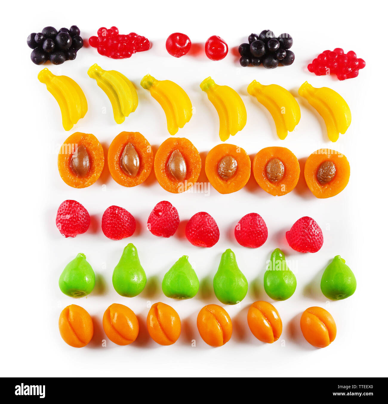 Set of lined colourful fruit jelly sweets, isolated on white Stock ...