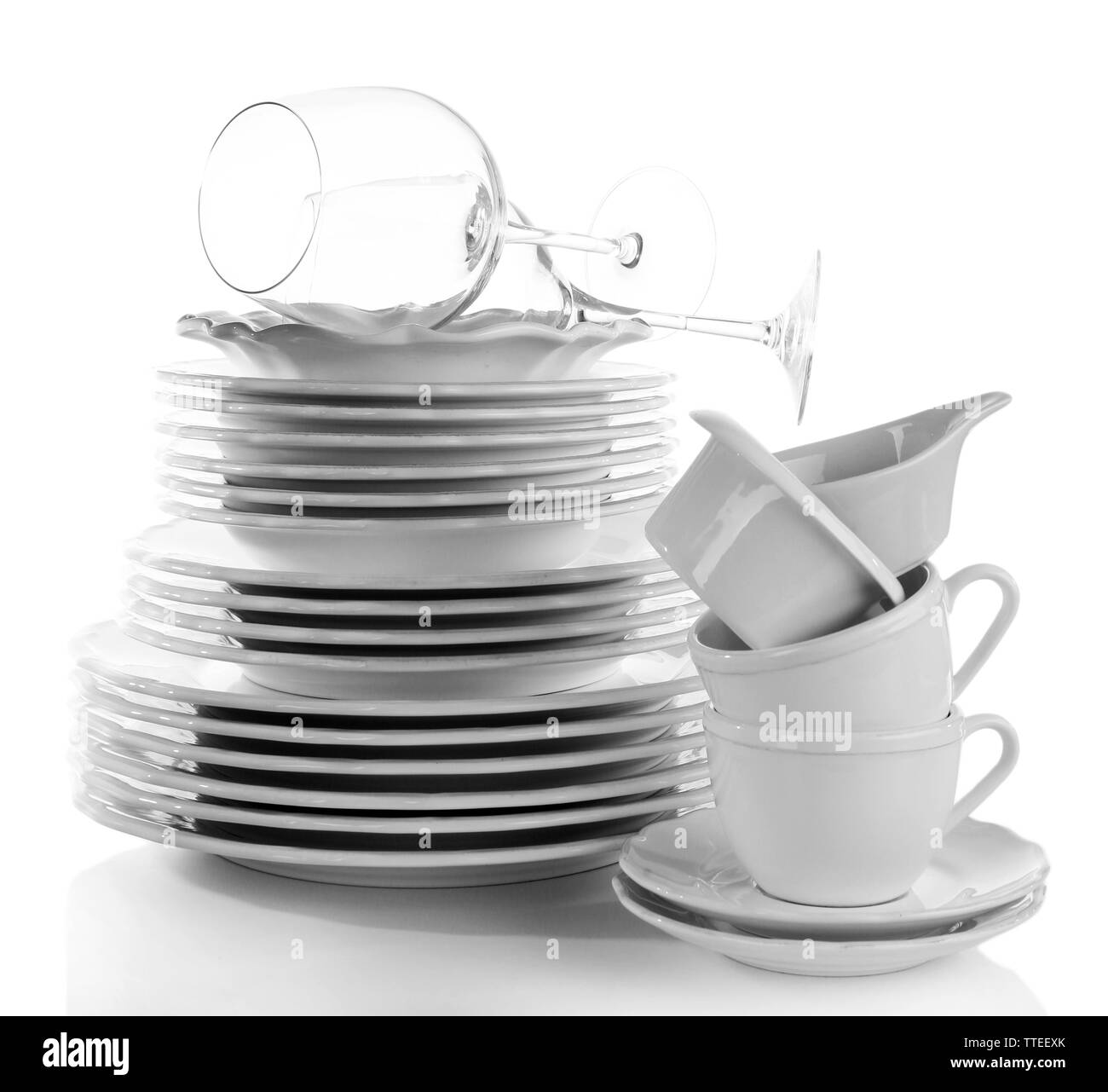 Stack of plates and cups Black and White Stock Photos & Images - Alamy