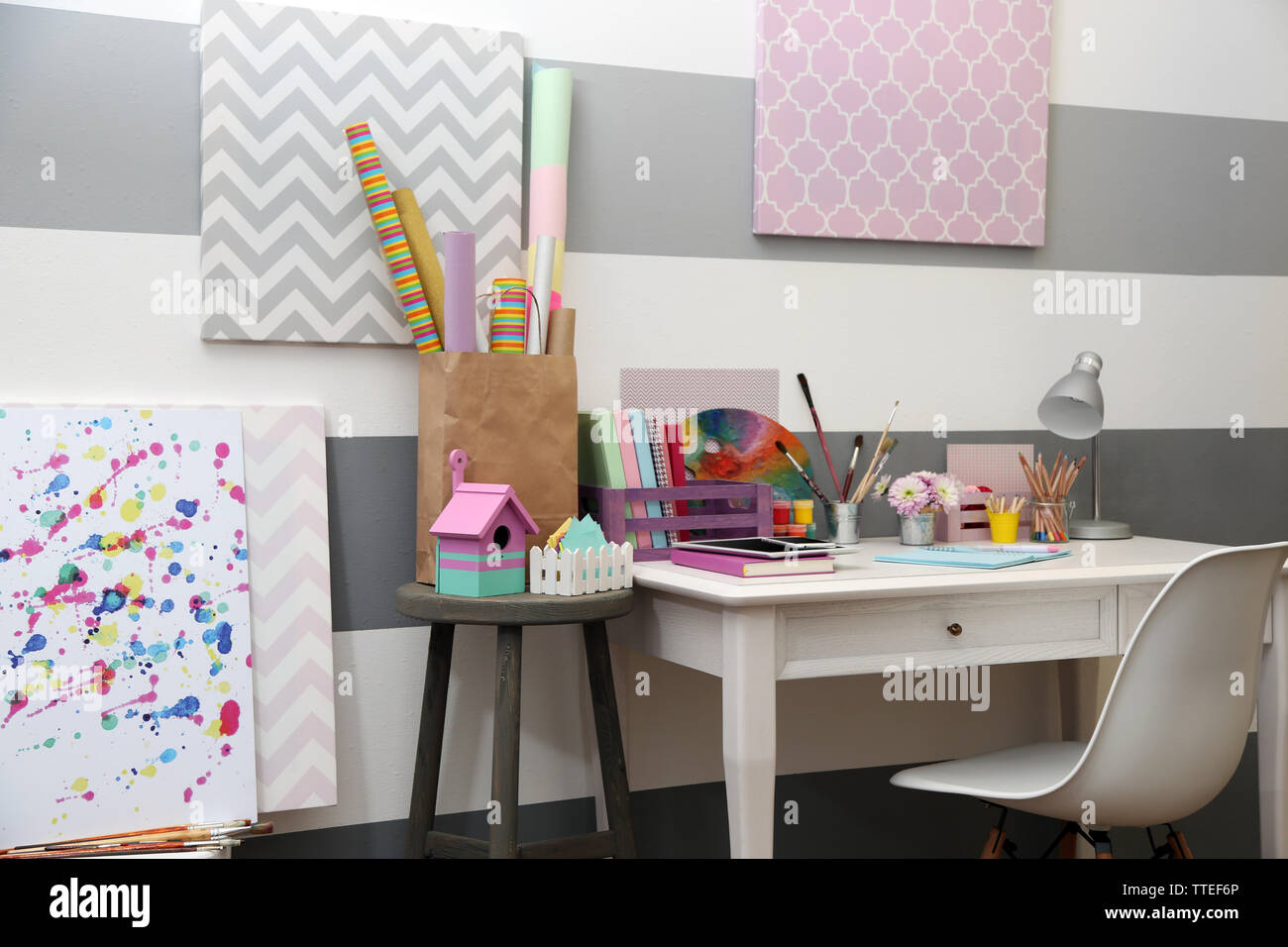 Colorful design workplace at home Stock Photo - Alamy