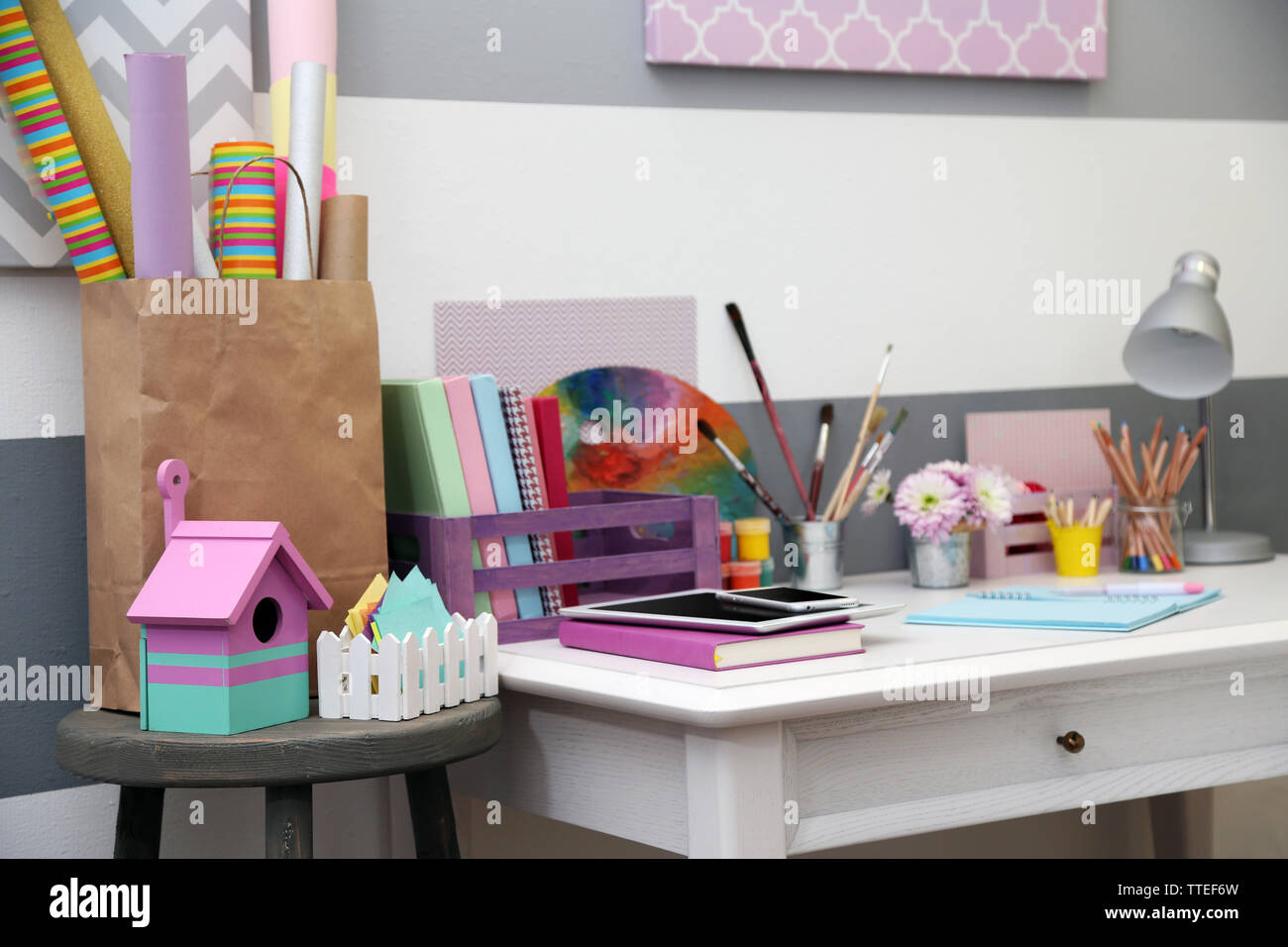 Colorful design workplace at home Stock Photo - Alamy