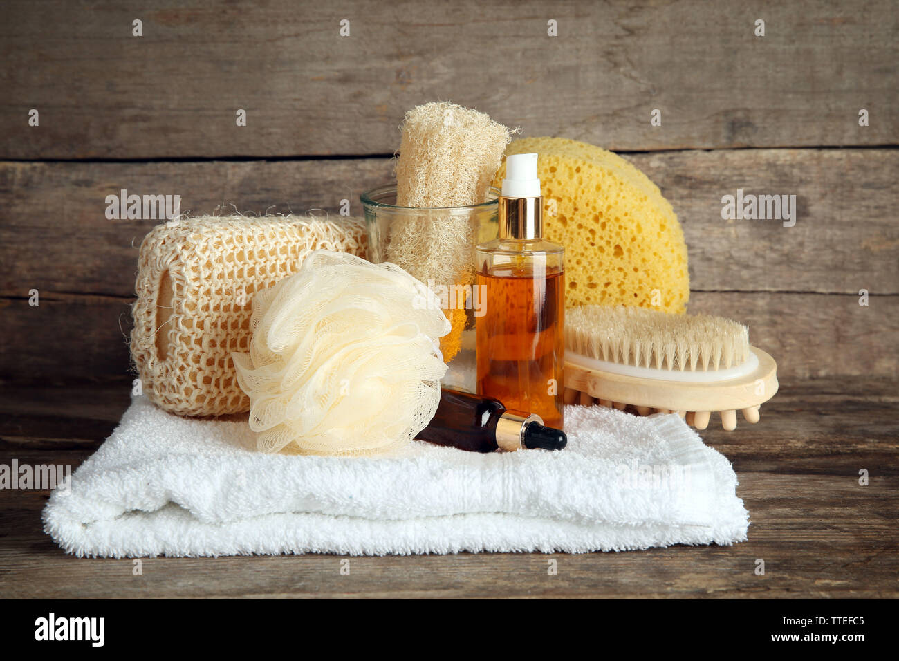 Variety of natural bath tools on wooden background Stock Photo - Alamy