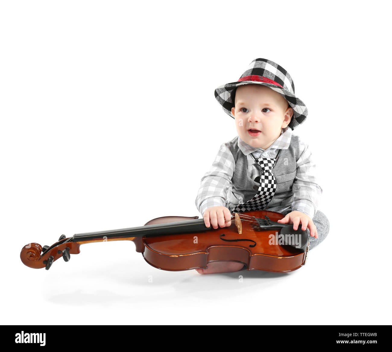 Cute baby in hat with violin isolated on white background Stock Photo ...