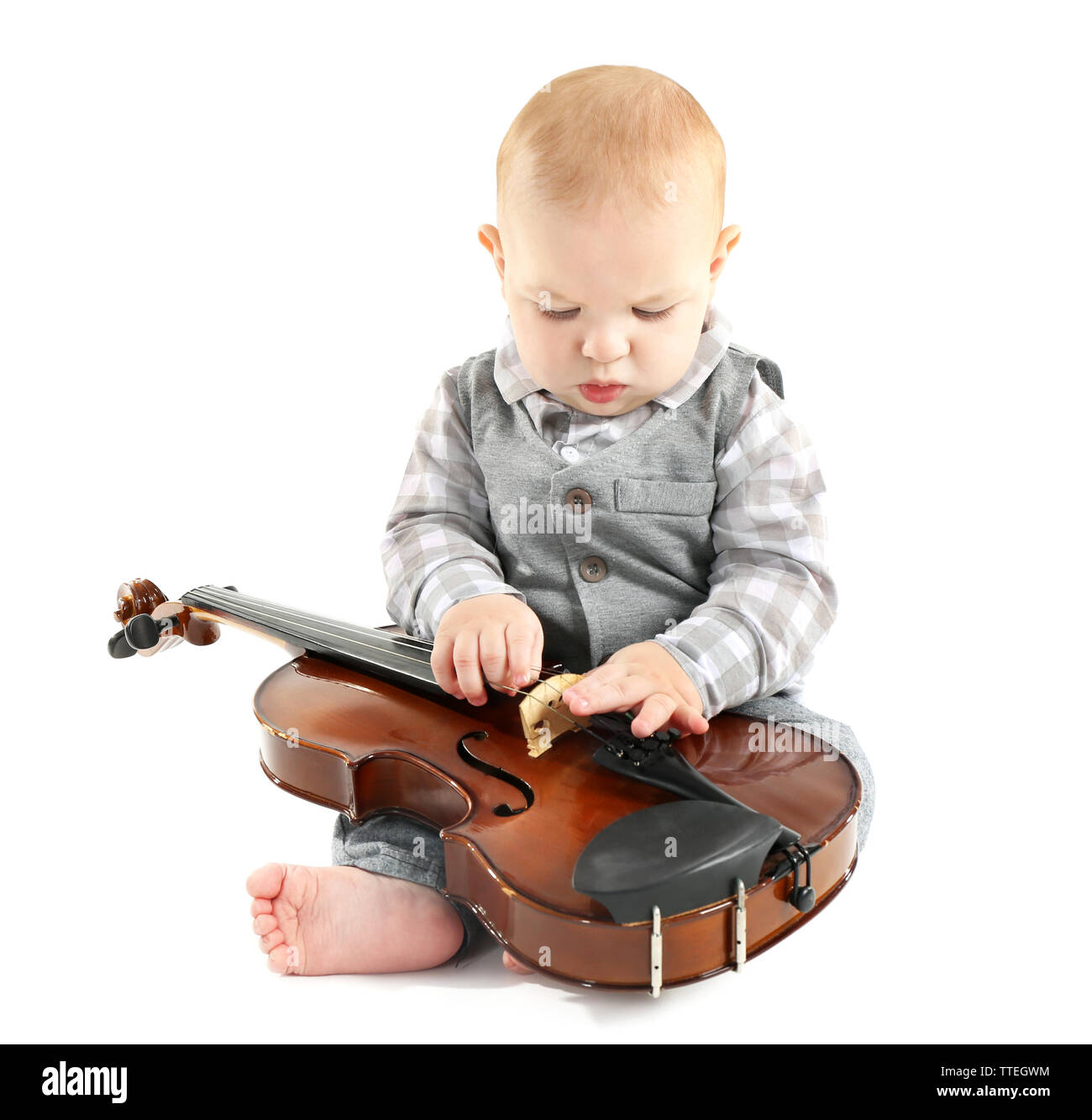 Cute baby with violin isolated on white background Stock Photo - Alamy