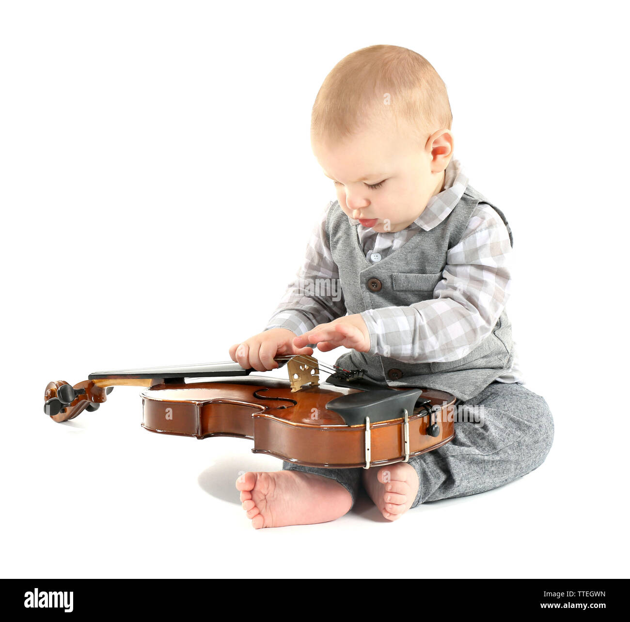 Cute baby with violin isolated on white background Stock Photo - Alamy