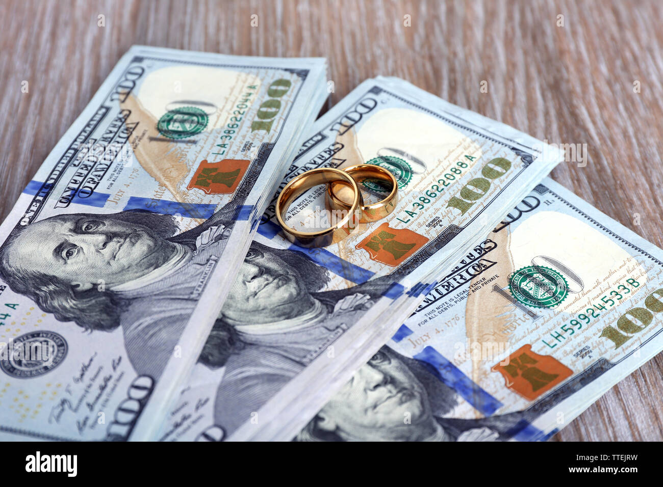 Wedding rings on money background, close up Stock Photo - Alamy