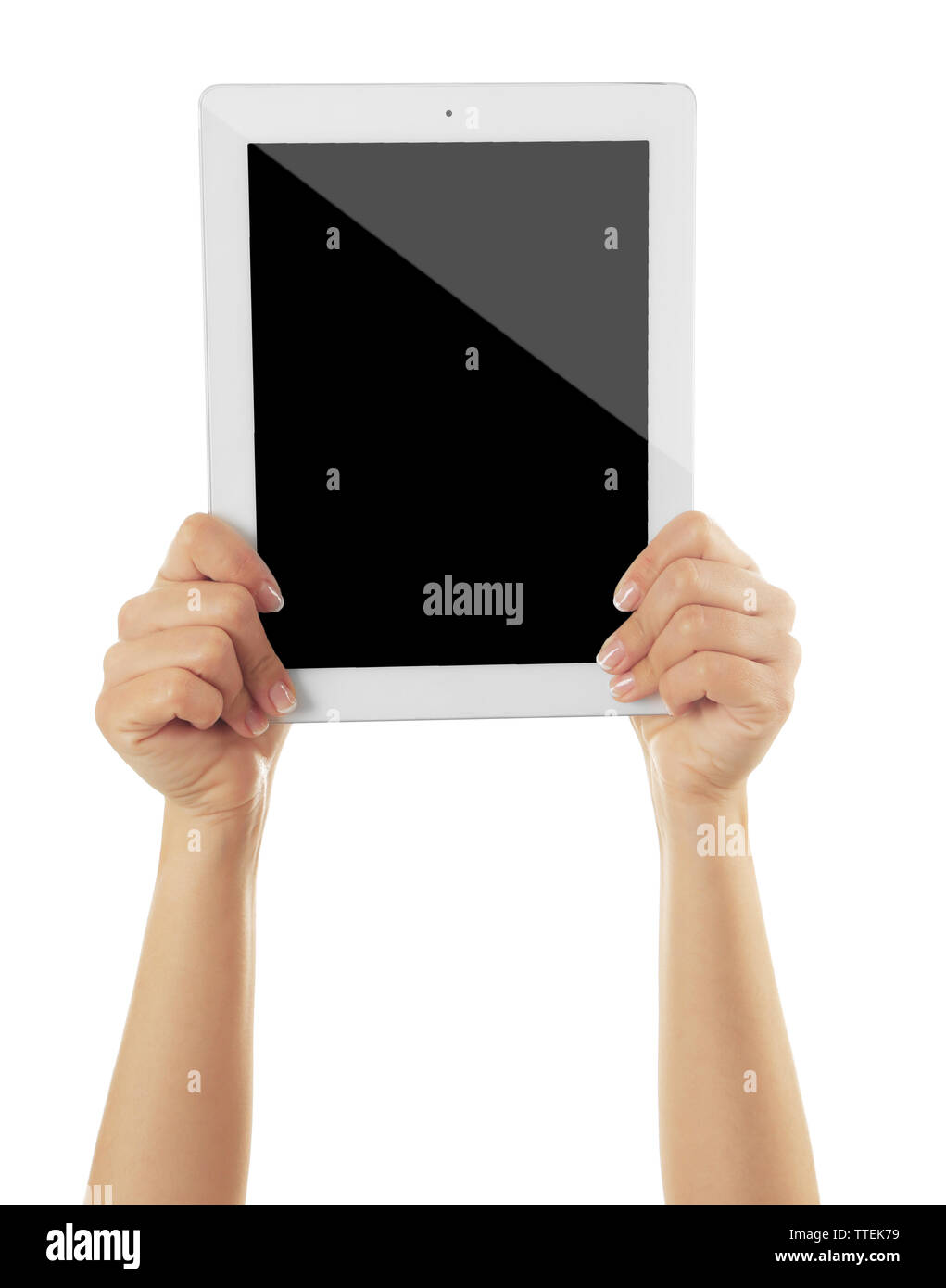 White tablet in hands isolated on white background Stock Photo - Alamy