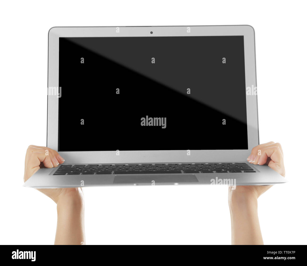 Modern laptop in hands isolated on white background Stock Photo - Alamy