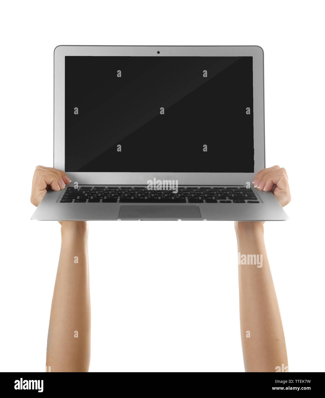 Modern laptop in hands isolated on white background Stock Photo - Alamy