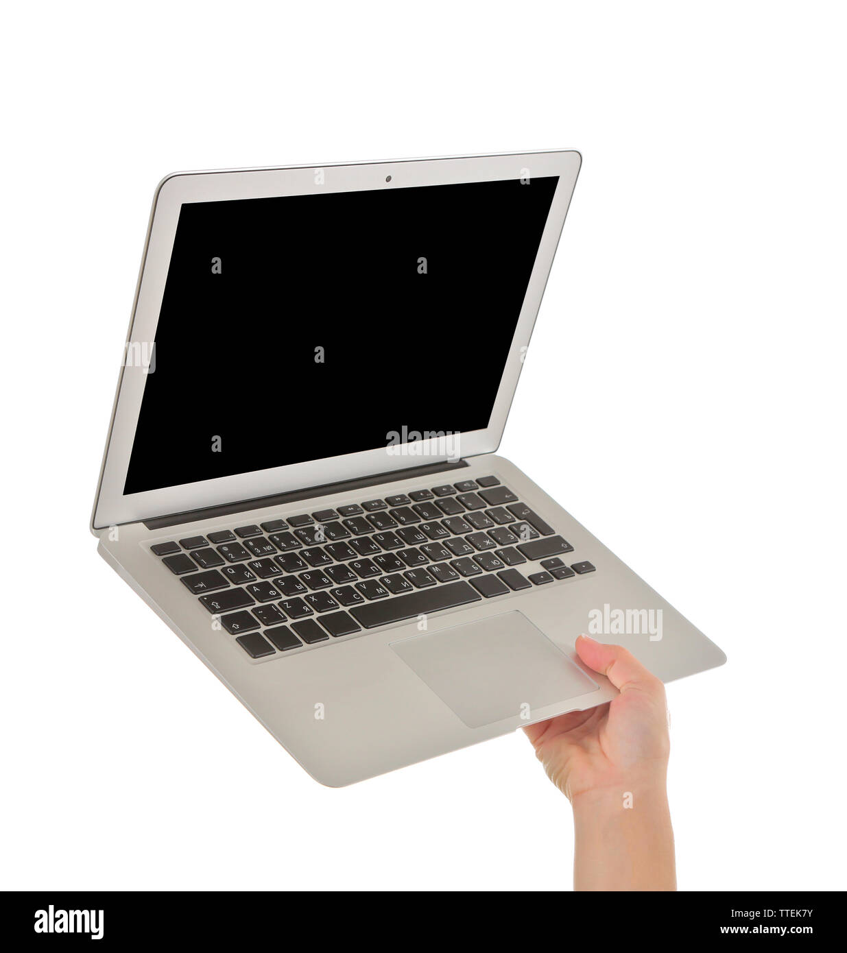 Modern laptop in hands isolated on white background Stock Photo - Alamy