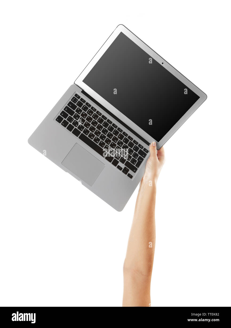 Modern laptop in hands isolated on white background Stock Photo - Alamy