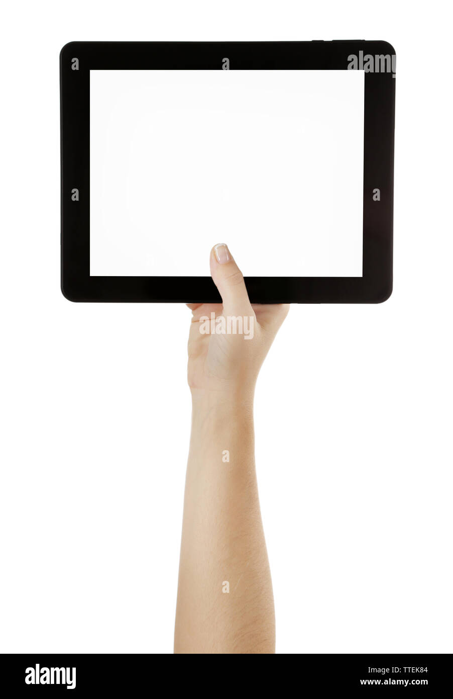 Black tablet in hands isolated on white background Stock Photo - Alamy