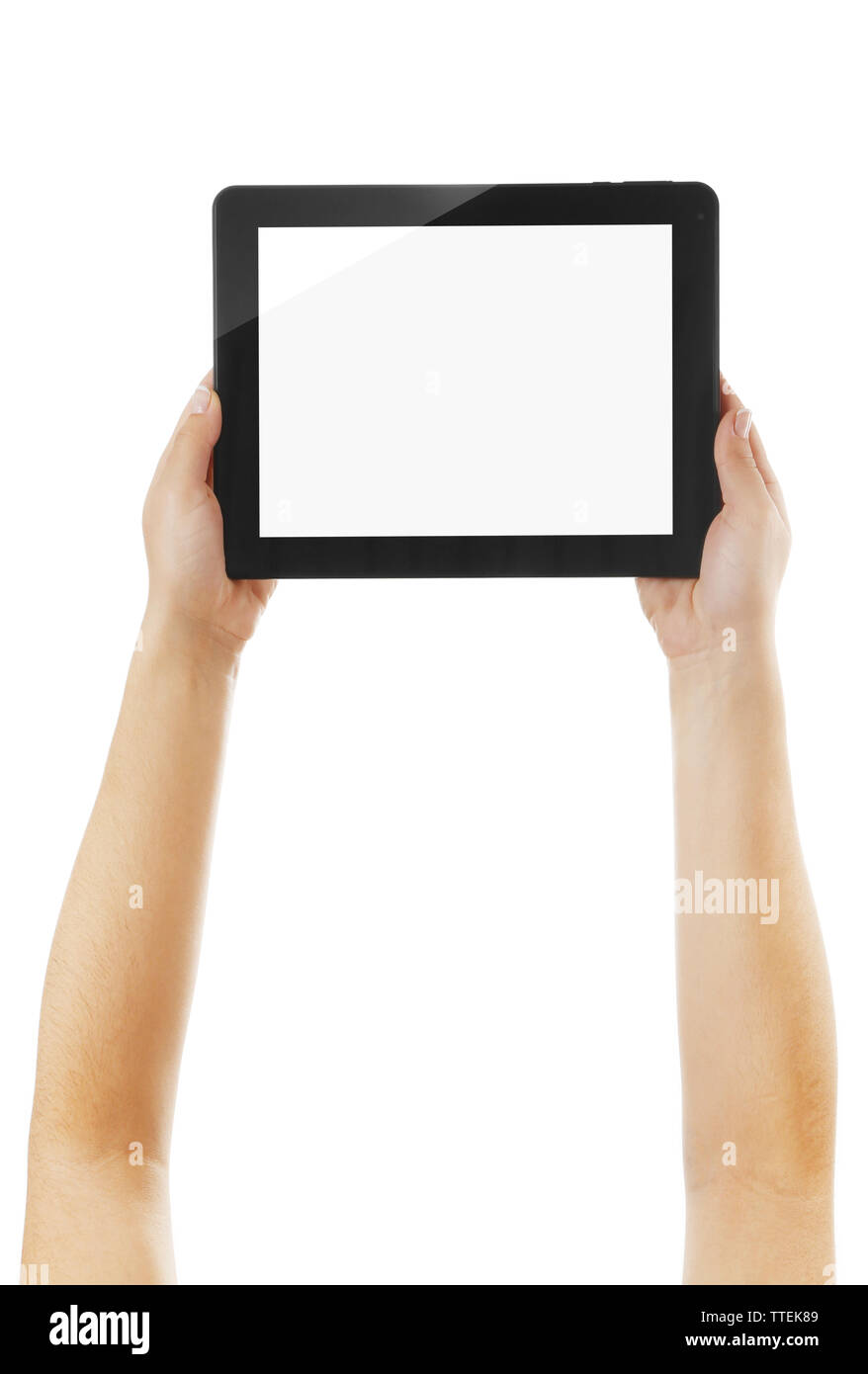 Black tablet in hands isolated on white background Stock Photo - Alamy