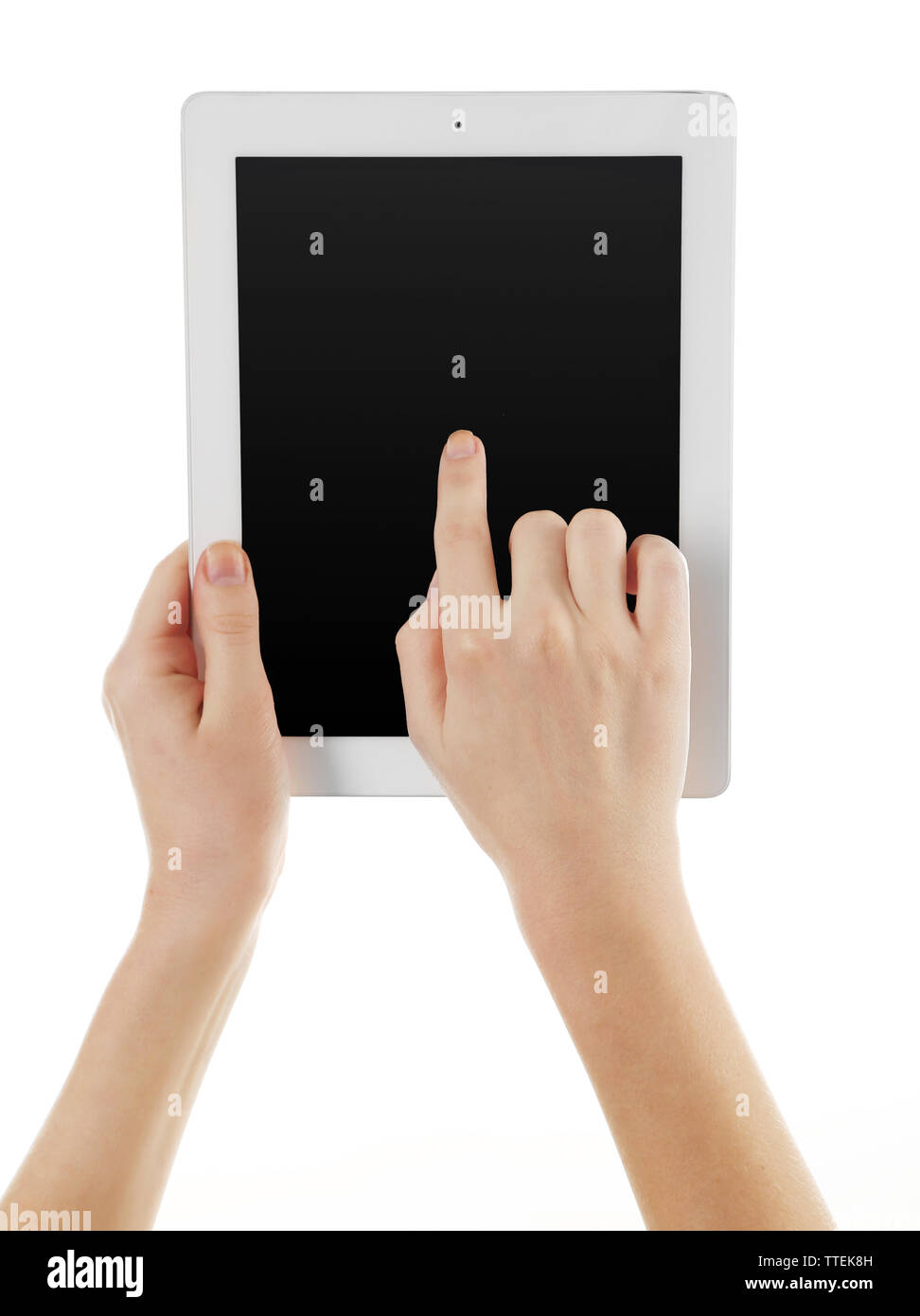 White tablet in hands isolated on white background Stock Photo - Alamy
